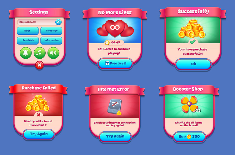 Casual Game UI Popup, Set of Game window Screens, Game UI 2D by ...