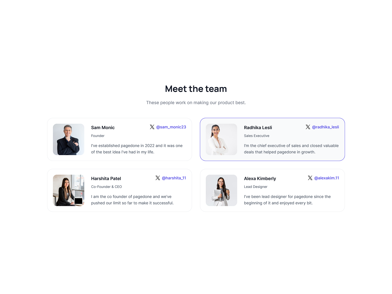 Team section with horizontal team cards by Pagedone on Dribbble