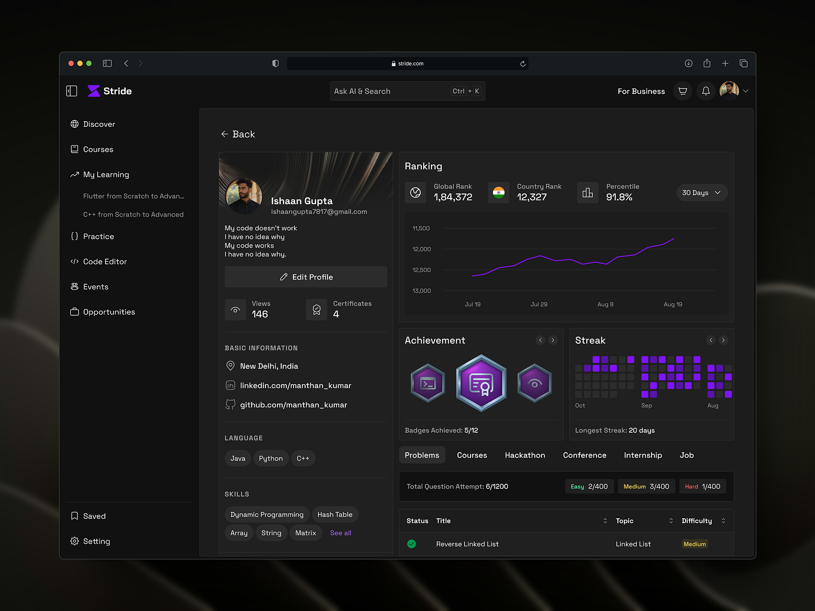 Coder Profile | Stride by Manthan Kumar on Dribbble