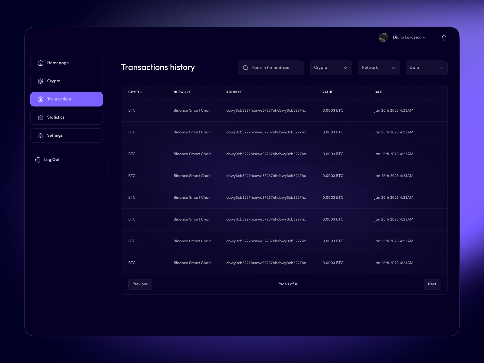 Transactions history dashboard web3 by Diana Larussa on Dribbble