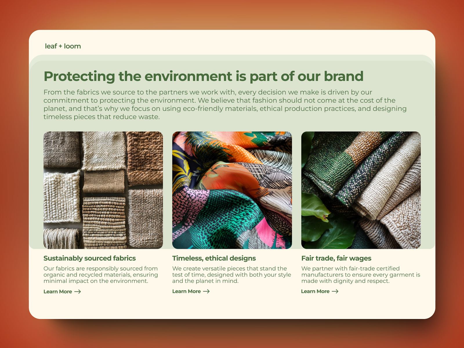 leaf + loom / sustainable fashion desktop UI design by Rebecca Viegas on Dribbble