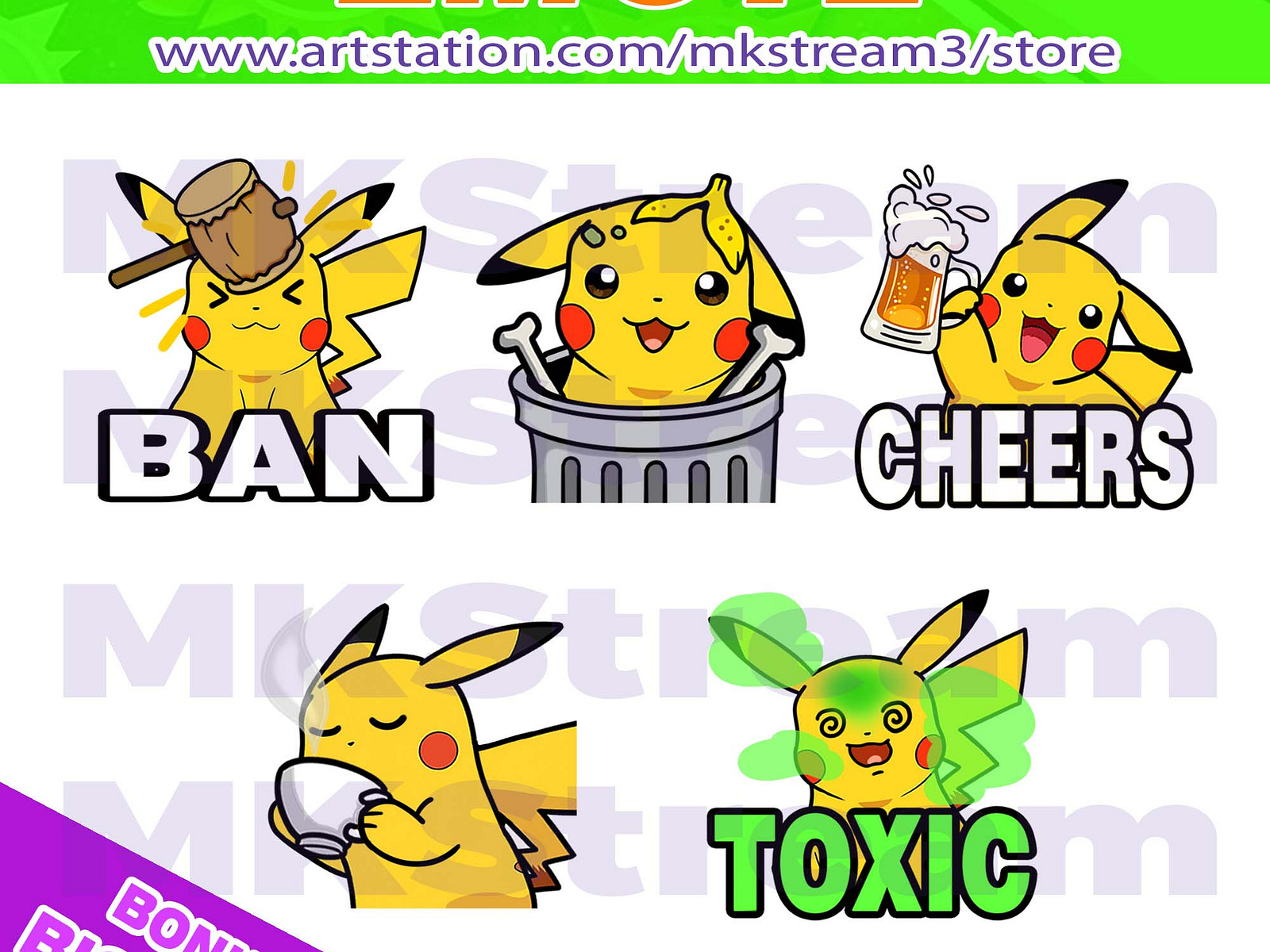 Emotes Pokemon Pikachu ban, trash, cheers, sip & toxic pack by MKStream ...