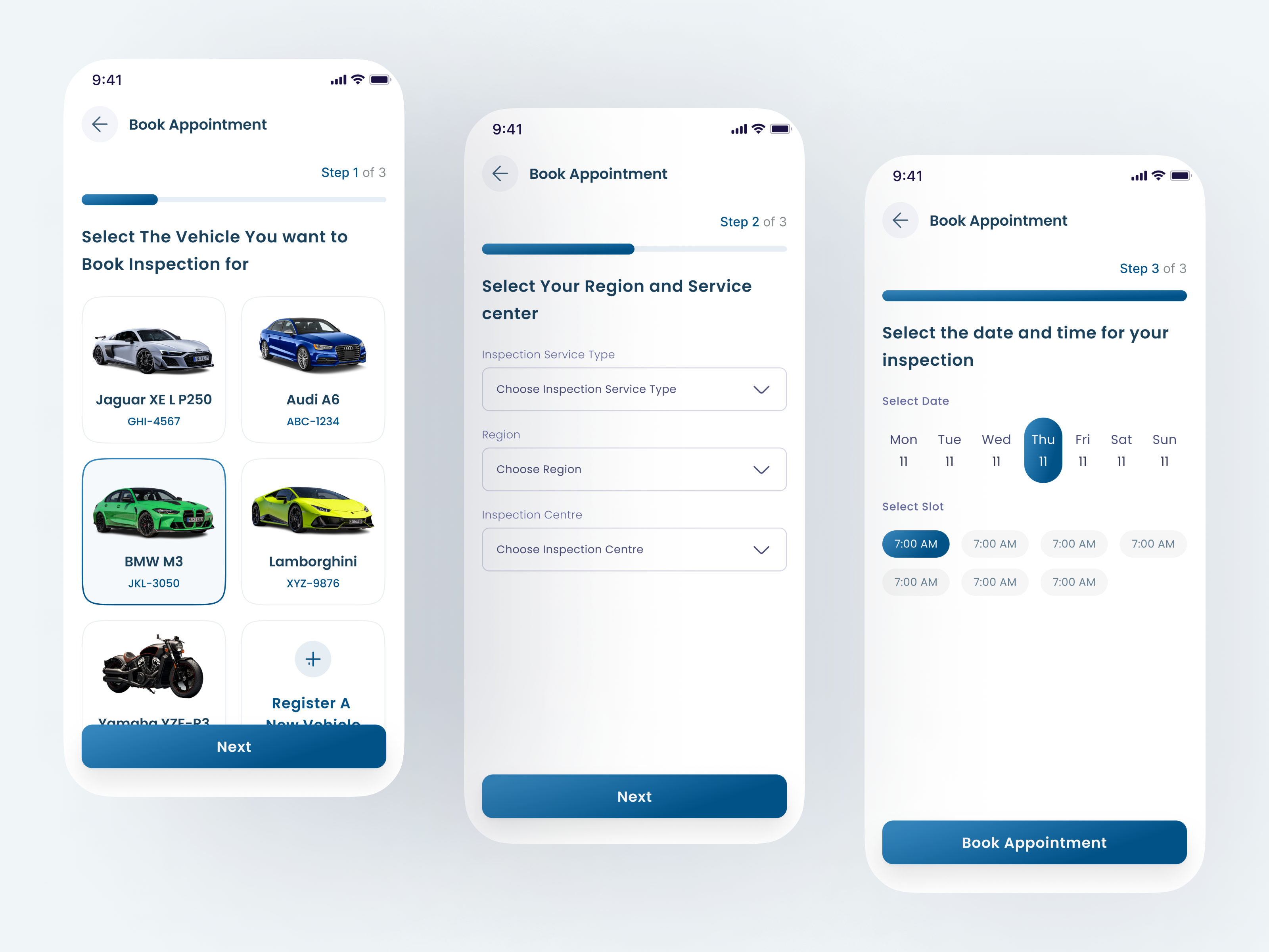 Vehicle Inspection Booking App UI Design by Hira Amir on Dribbble