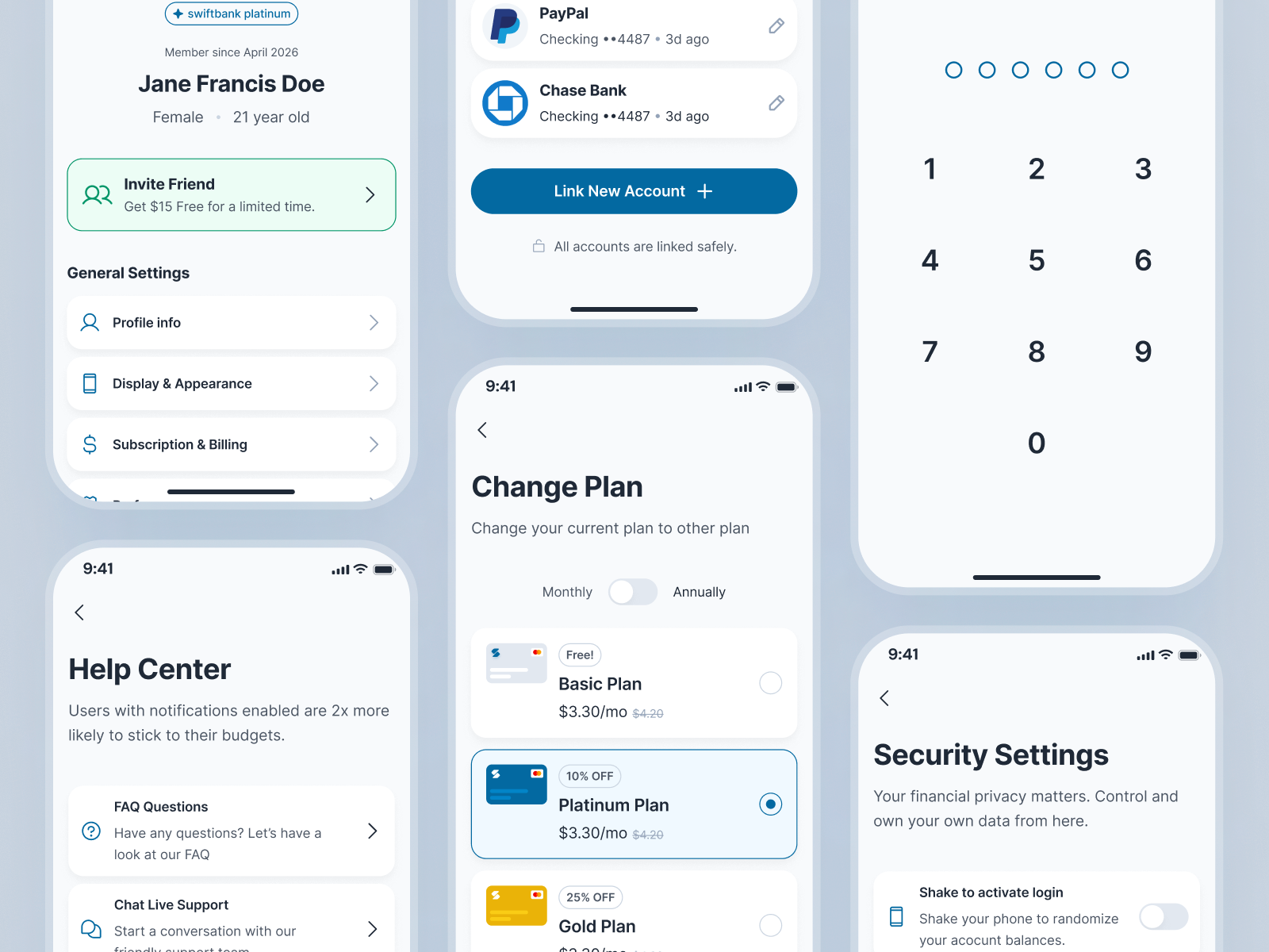 swiftbank: AI Digital Banking & Payment App - Account Setting UI by ...