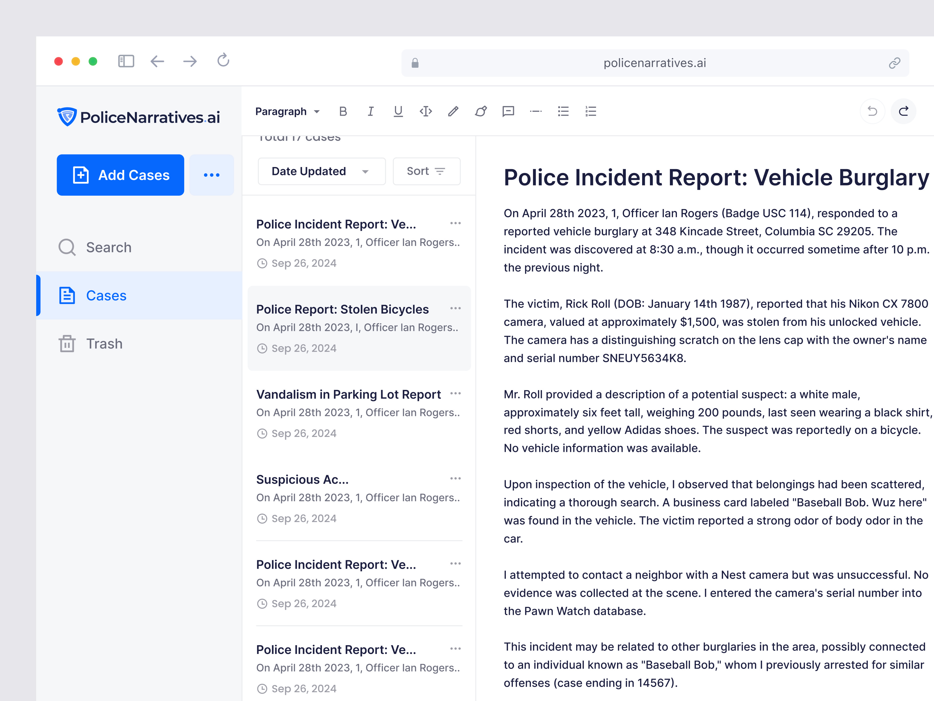 PoliceNarrative.ai – Police Case Report Dashboard Screen by Shahid Miah ...