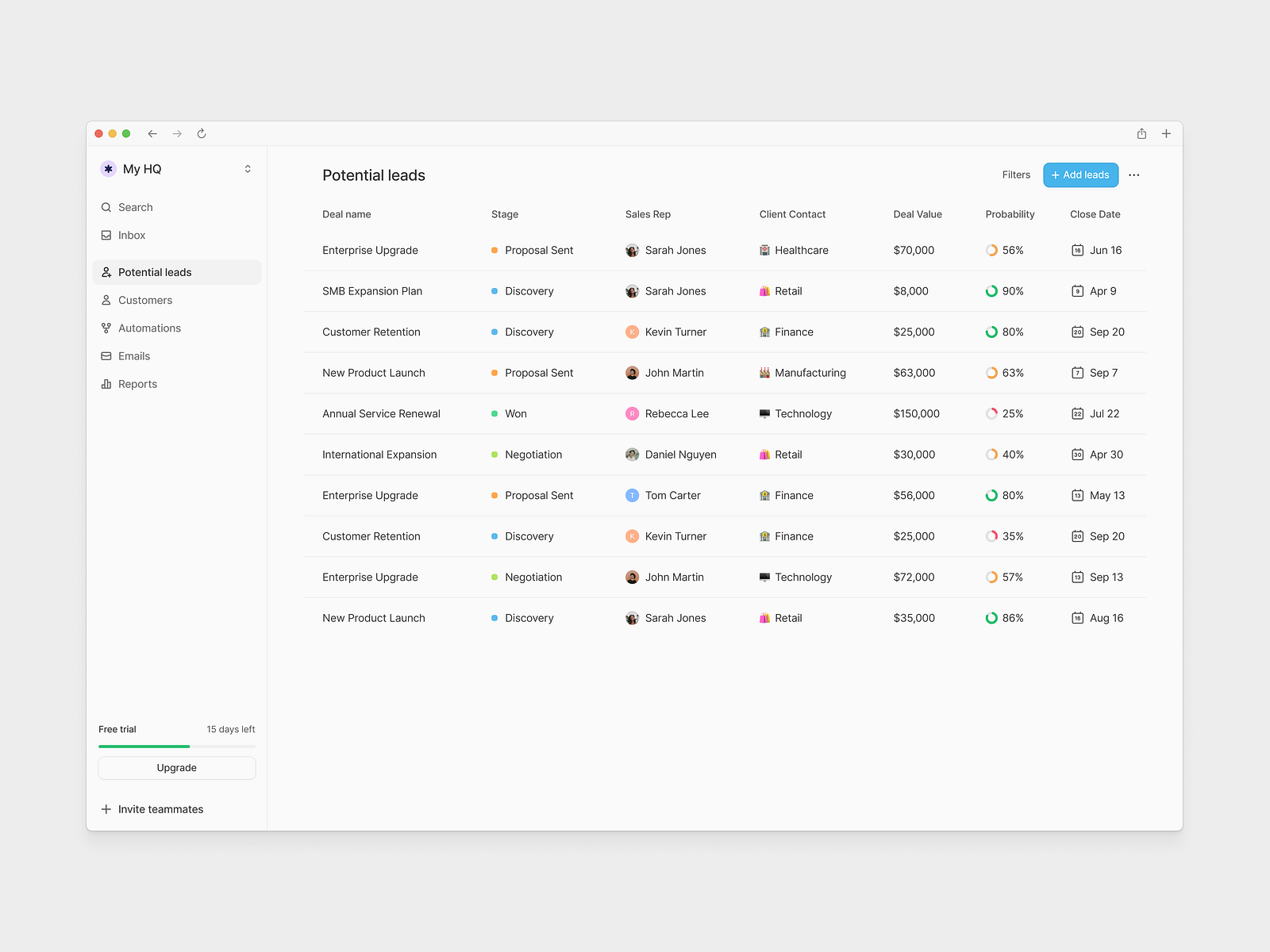 CRM - Leads Pipeline Table View by Jin Yong on Dribbble