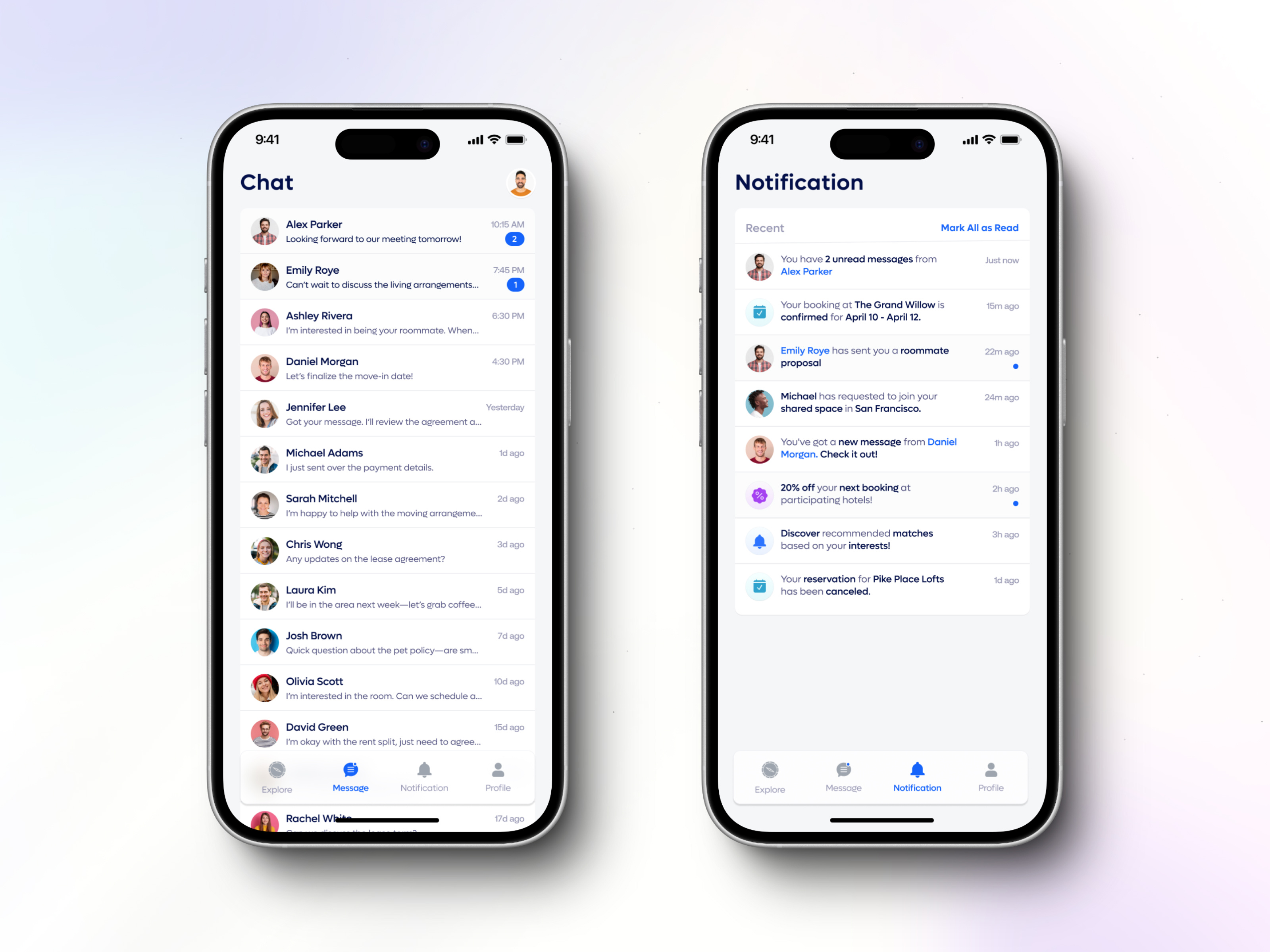 Chat and Notification Screens UI Design by Sohag Islam on Dribbble