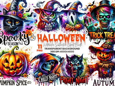 Watercolor Halloween Sublimation Clipart PNG Bundle by Creative Arslan ...