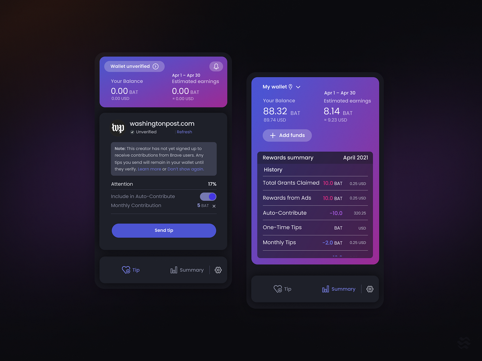 Brave Rewards Panel Redesign by Cody Pellatiro on Dribbble