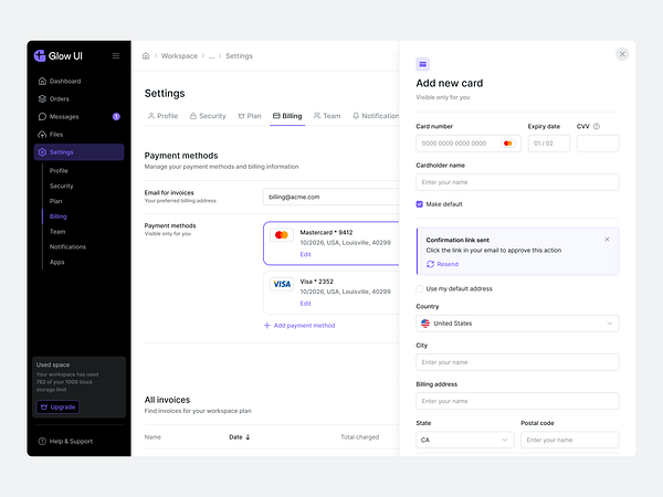 Billing Settings & Adding Card — Glow UI by Glow UI on Dribbble