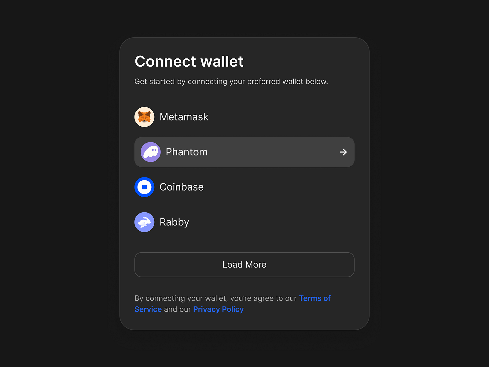 web3 wallet list UI dark mode 🪄 by Pollen Chakma on Dribbble