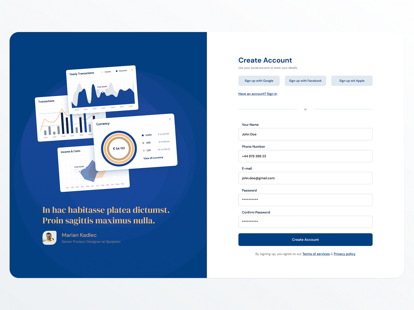Create account page by Marian Kadlec on Dribbble