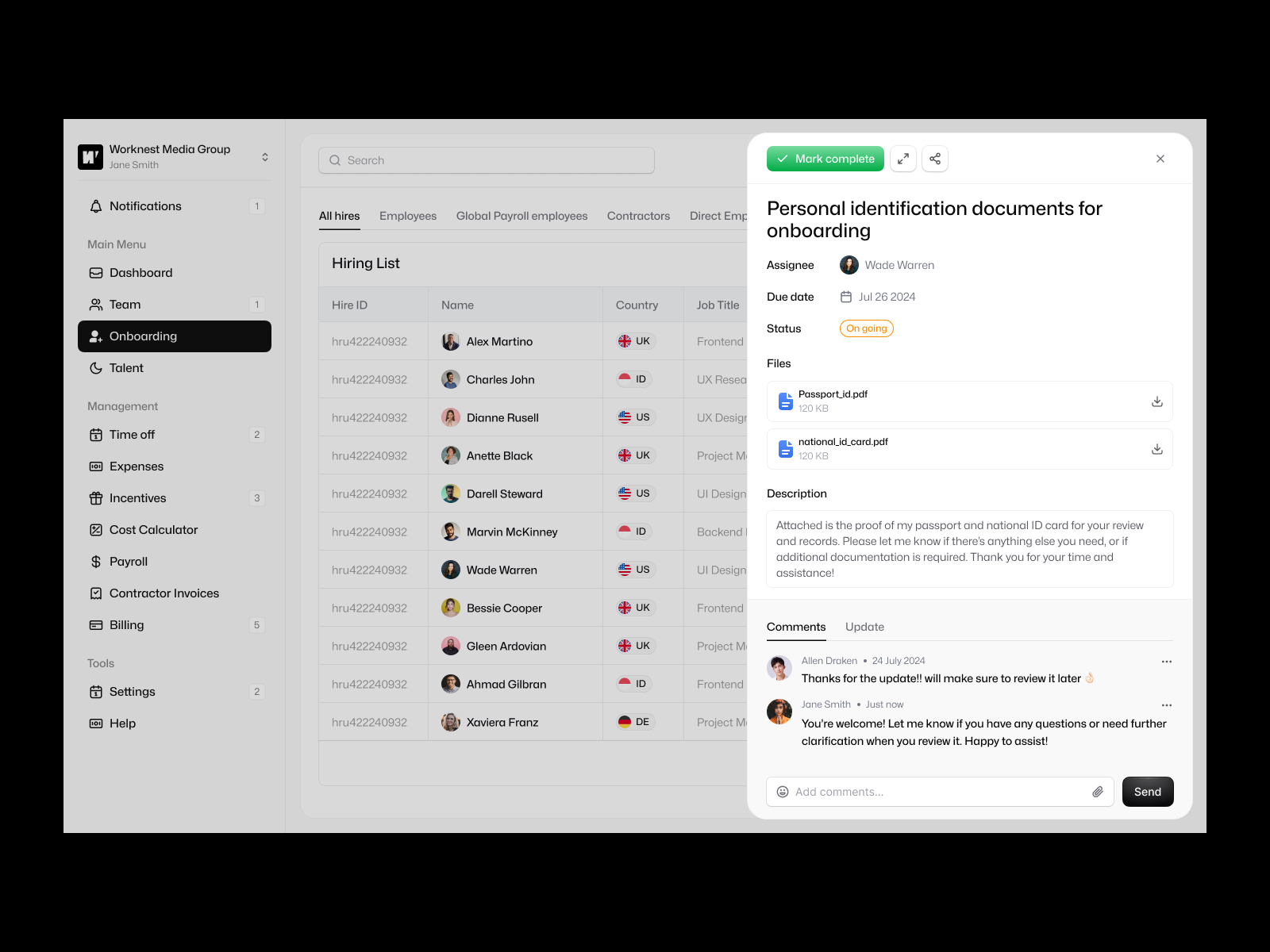 Onboarding Documents Modal- HR Management by Product SAAS for Cansaas ...