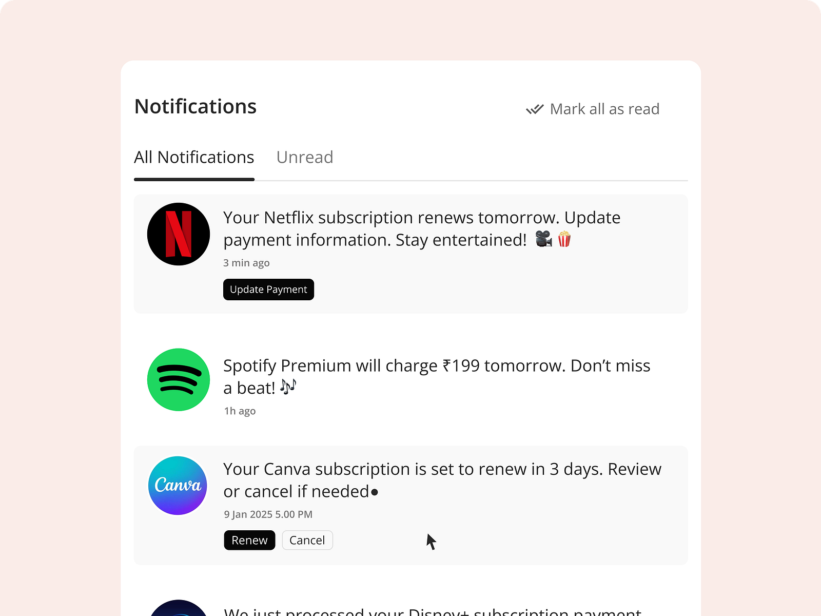 Subscription Notification Page by Krishnendu Madathil on Dribbble