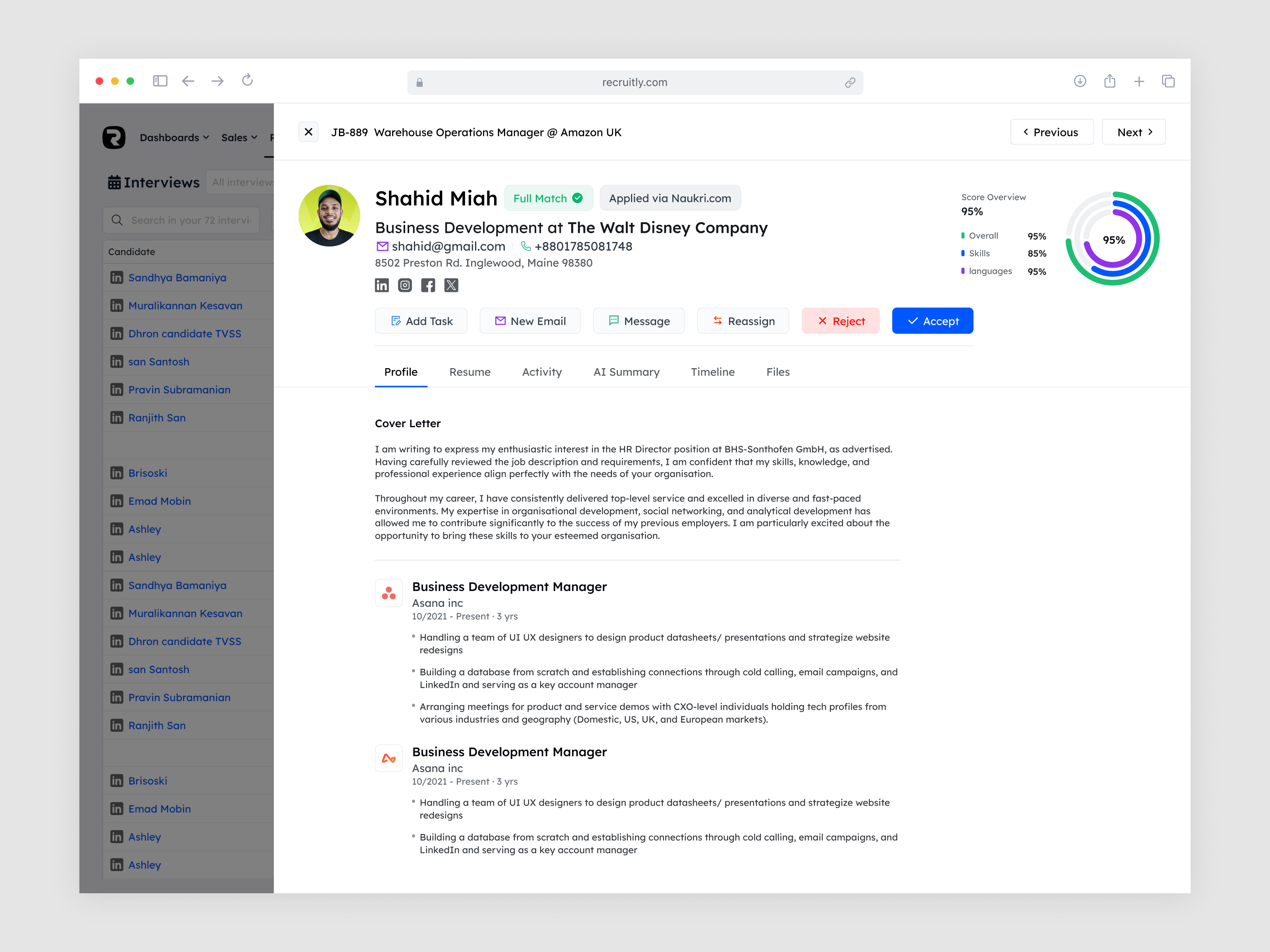 Recruitly - Job Application Details Dashboard Screen by Shahid Miah UI ...
