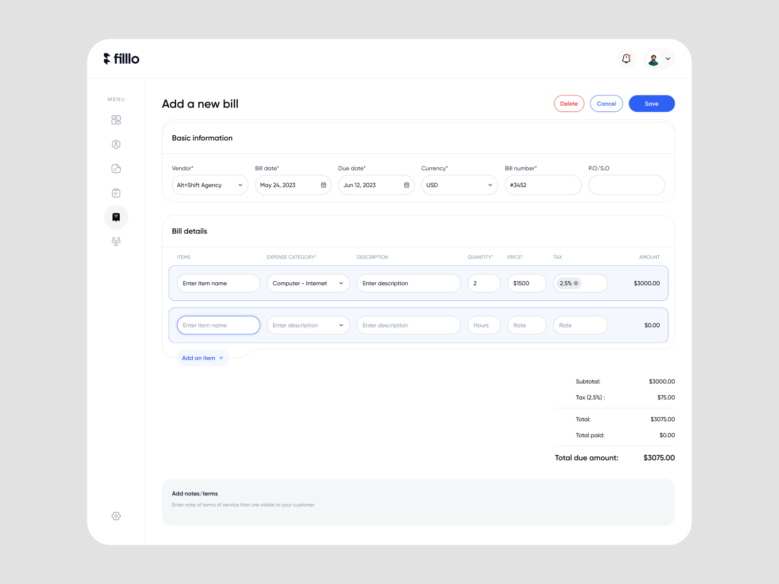 Filllo Money Management SaaS - Bills Page by Filllo Design Agency on Dribbble