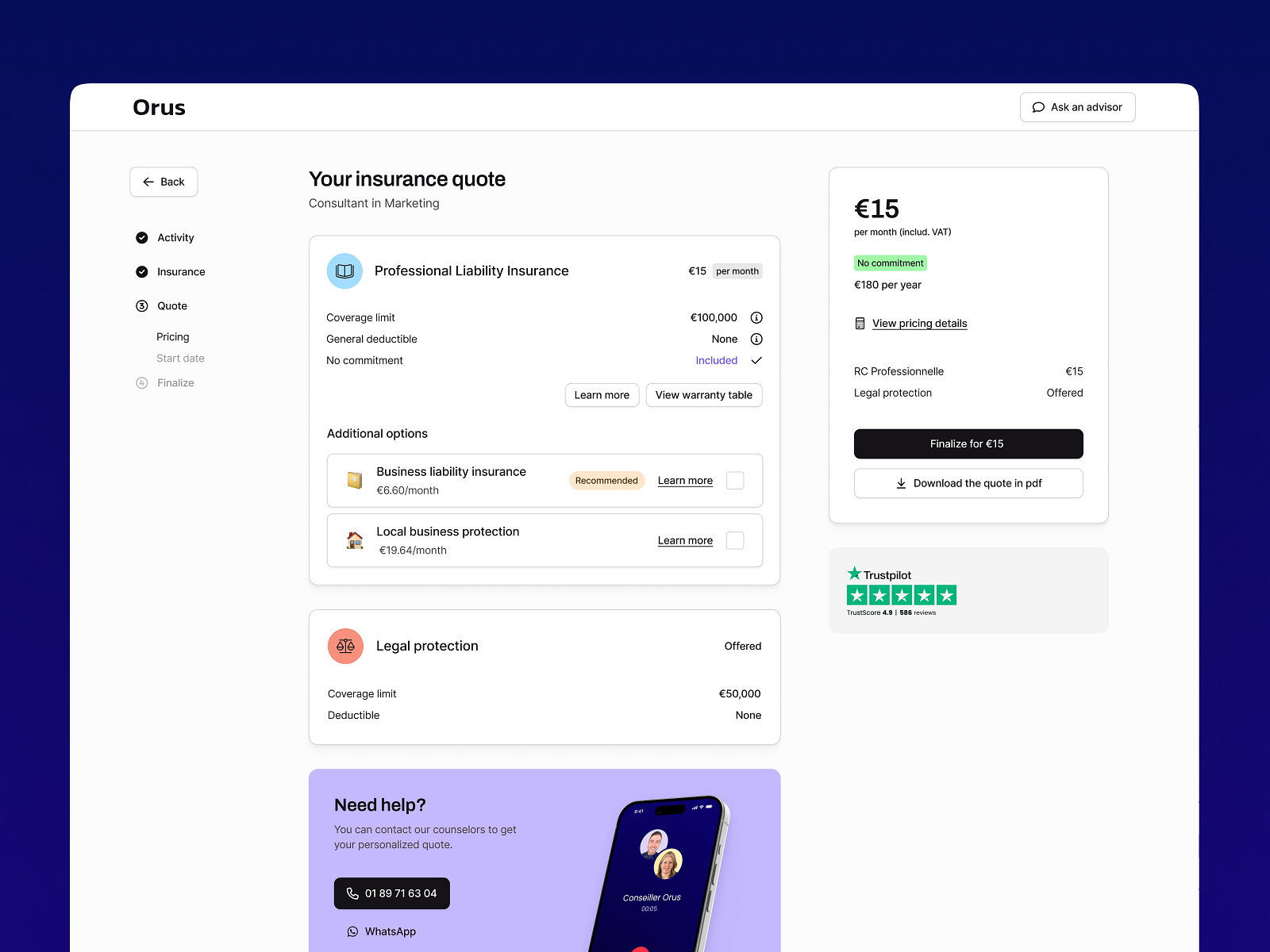 Orus • Insurance quote page by Michael Roulland on Dribbble