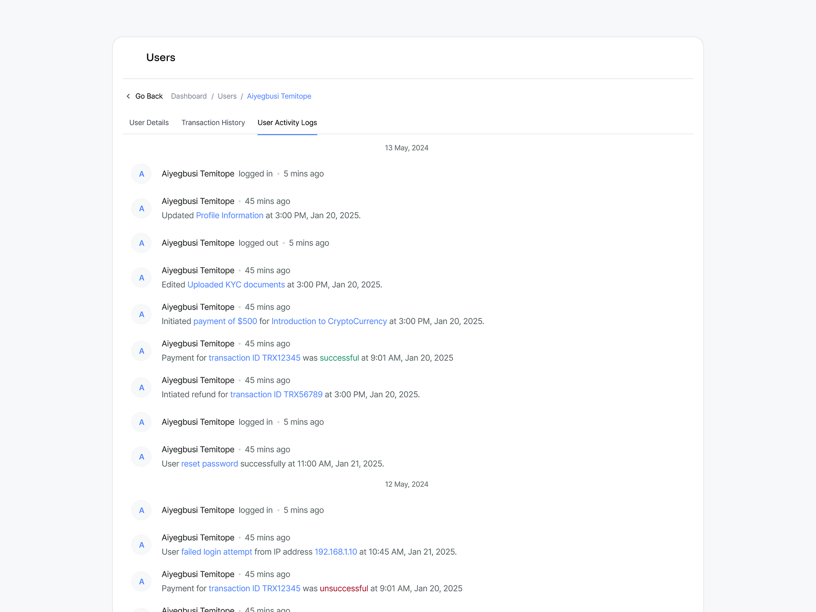 User Activity Log by TemiTope Aiyegbusi on Dribbble
