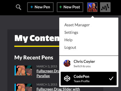 Codepen Profile Dropdown by Jeremy Loyd for Sparkbox on Dribbble