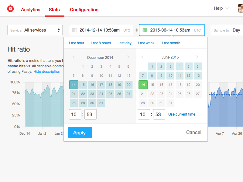 Date range selector by Jessica Allen for Fastly on Dribbble
