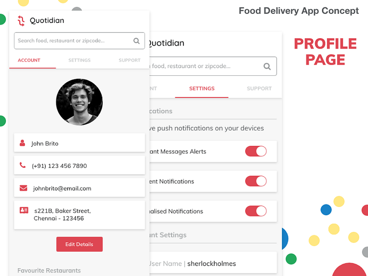 Food Delivery App Concept - Profile Page by Sriram Venugopal on Dribbble