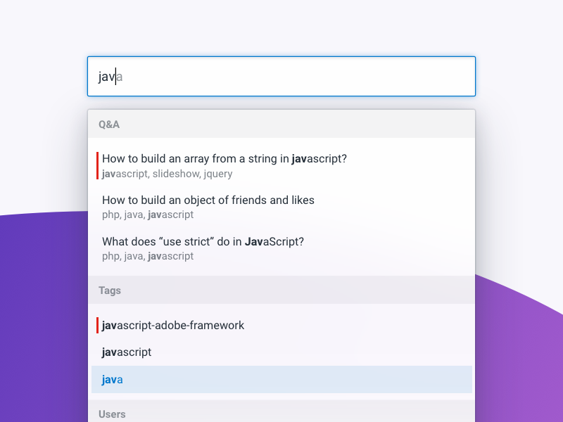 Search autocomplete by Pawel Ludwiczak for Stack Overflow on Dribbble