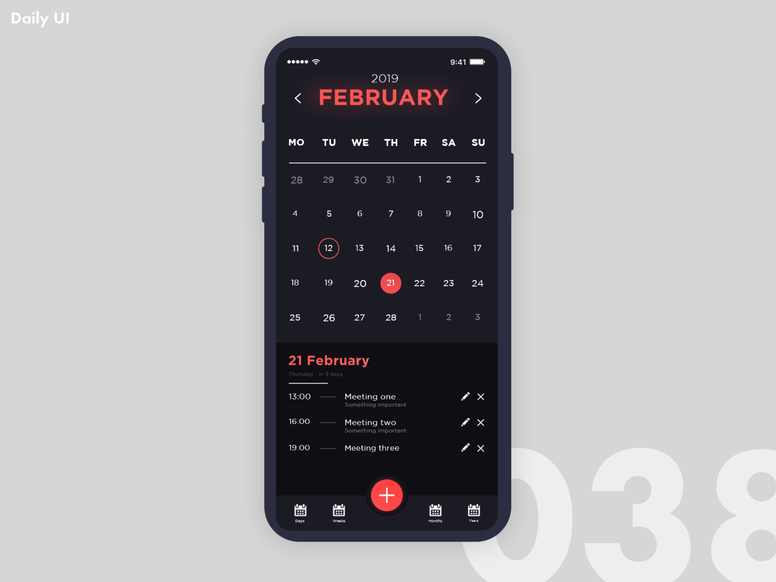 Daily UI Challenge #038 | Calendar App by Aaron Roth on Dribbble