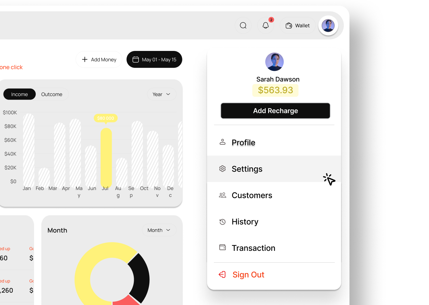 Profile settings drop-down by Malisha on Dribbble