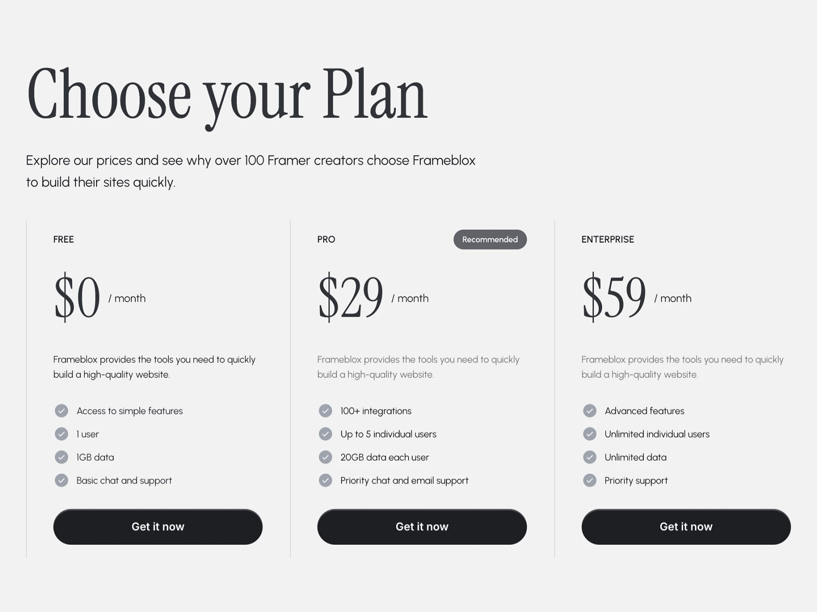 Pricing plan section for Framer built with Frameblox UI kit by Solt Wagner on Dribbble