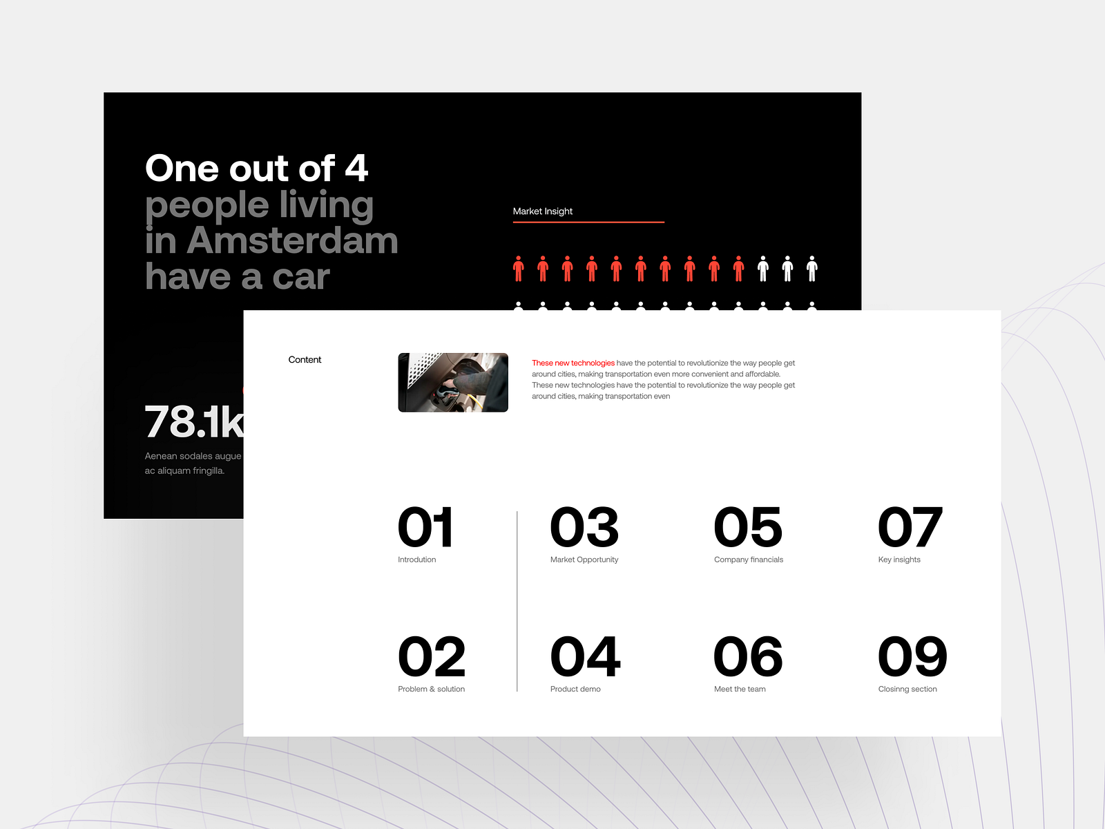 Table of content and infographic slide by Ayo for Pitch & Slide on Dribbble
