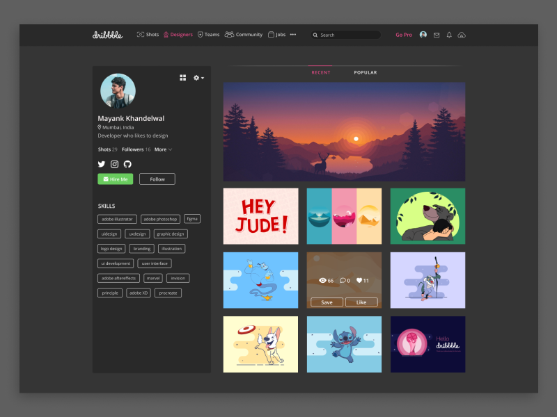 Dribbble Profile Page Dark Theme Redesign by Mayank Khandelwal on Dribbble