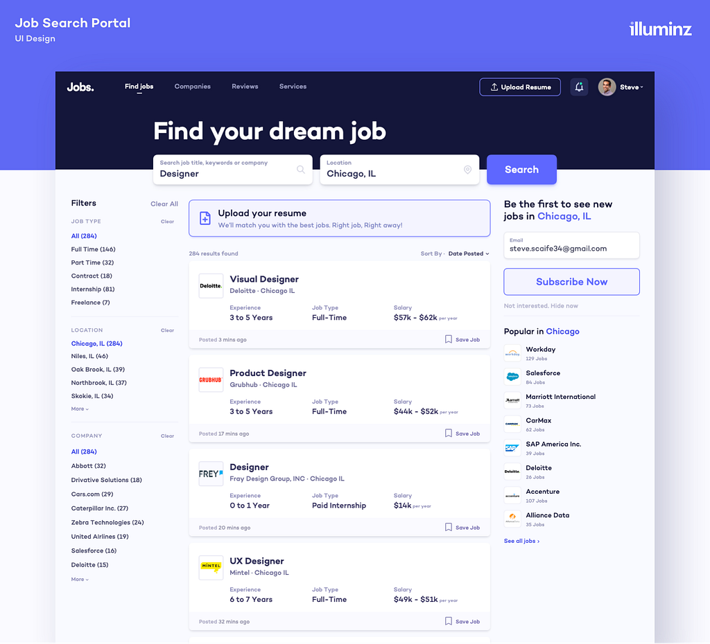 Find Jobs Page - Job Portal by Anmol Arora for illuminz on Dribbble
