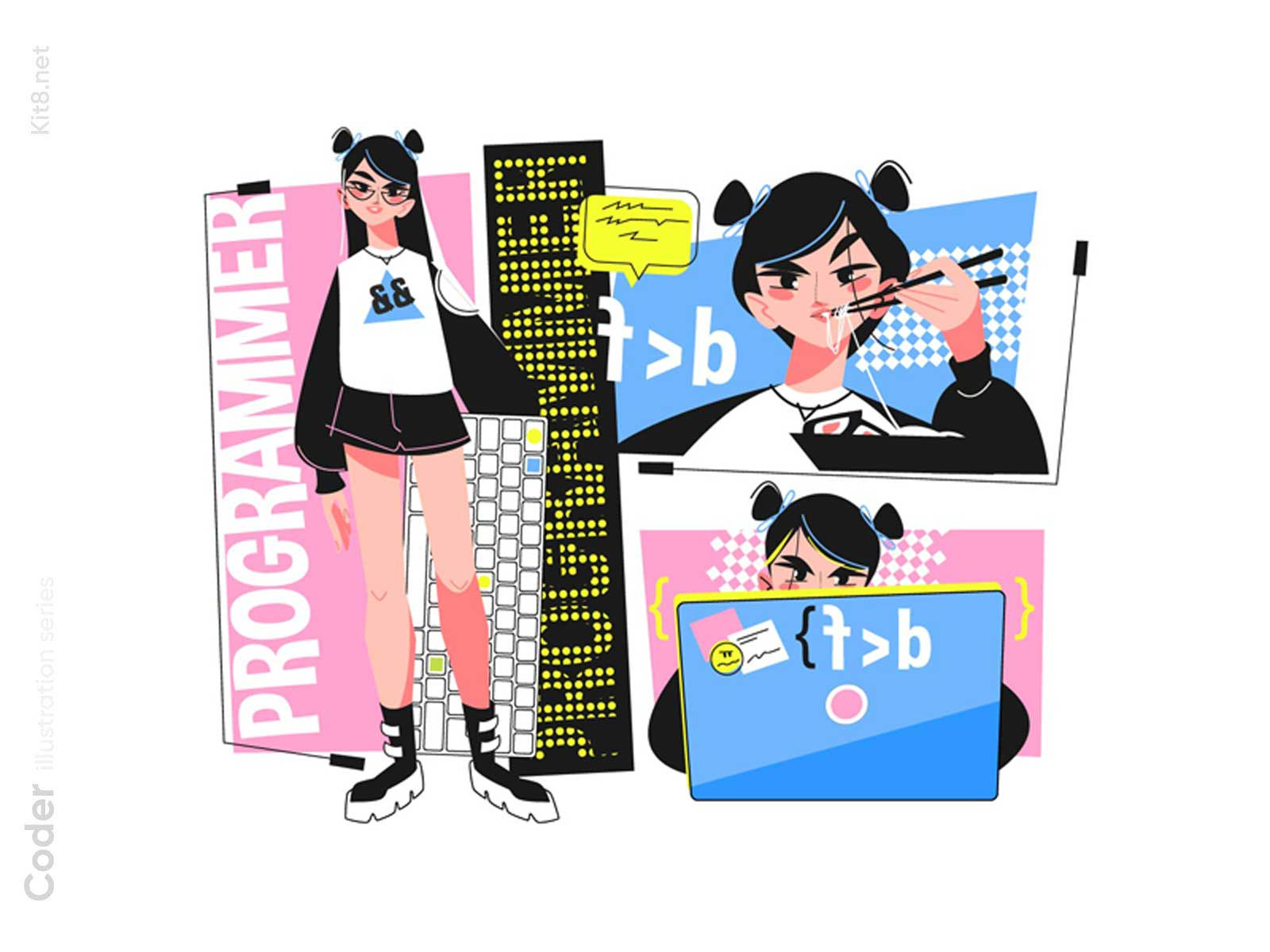 Girl programmer at work illustration by Anton Fritsler for Kit8 on Dribbble