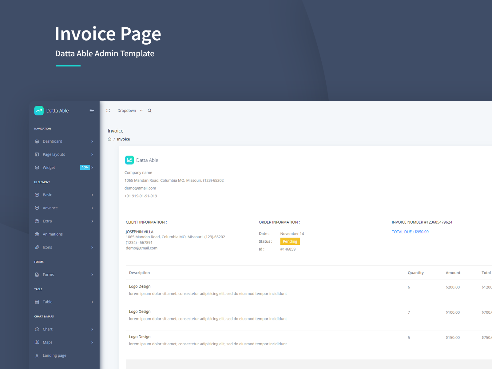 Invoice Page - Datta Able Admin Template by CodedThemes on Dribbble