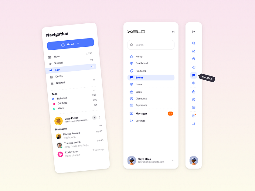 Navigation UI design templates 🕹 XELA Dashboard kit by Roman Kamushken ...
