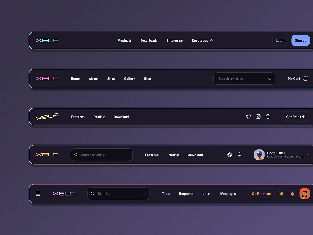 Navigation UI design templates 🕹 XELA Dashboard kit by Roman Kamushken ...