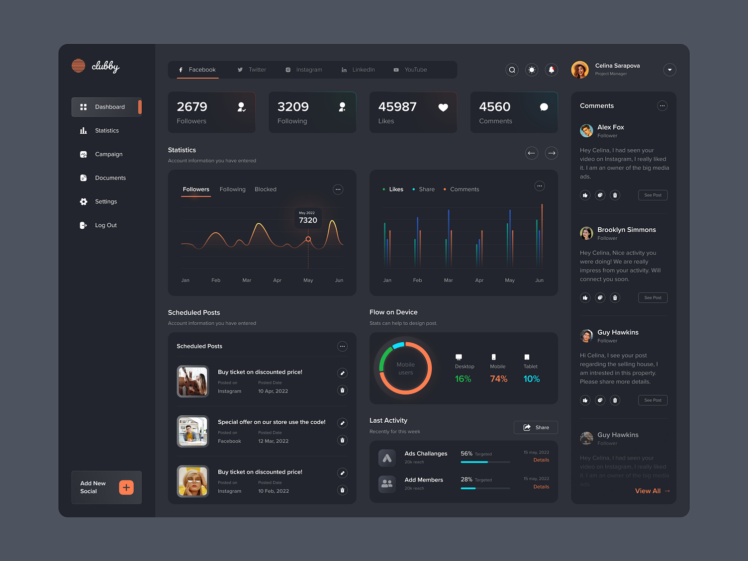 Clubby Social Media Dashboard Design by MindInventory UI/UX for ...