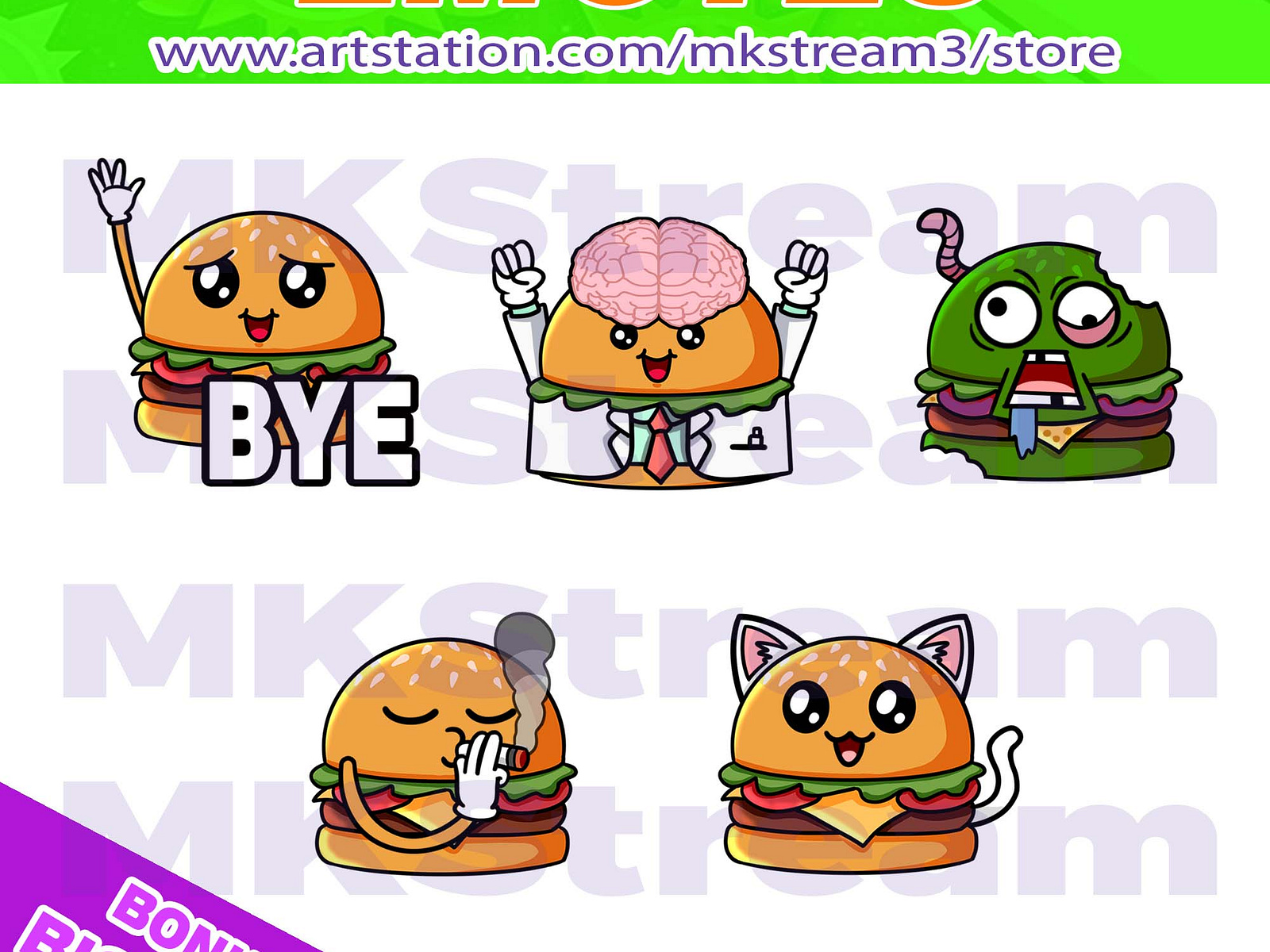 Twitch emotes cute burger bye, brain, zombie, smoking & cat pack by ...