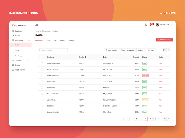 Invoices Dashboard Design, Ant Design UI Library by Pavel Kosiuk on ...