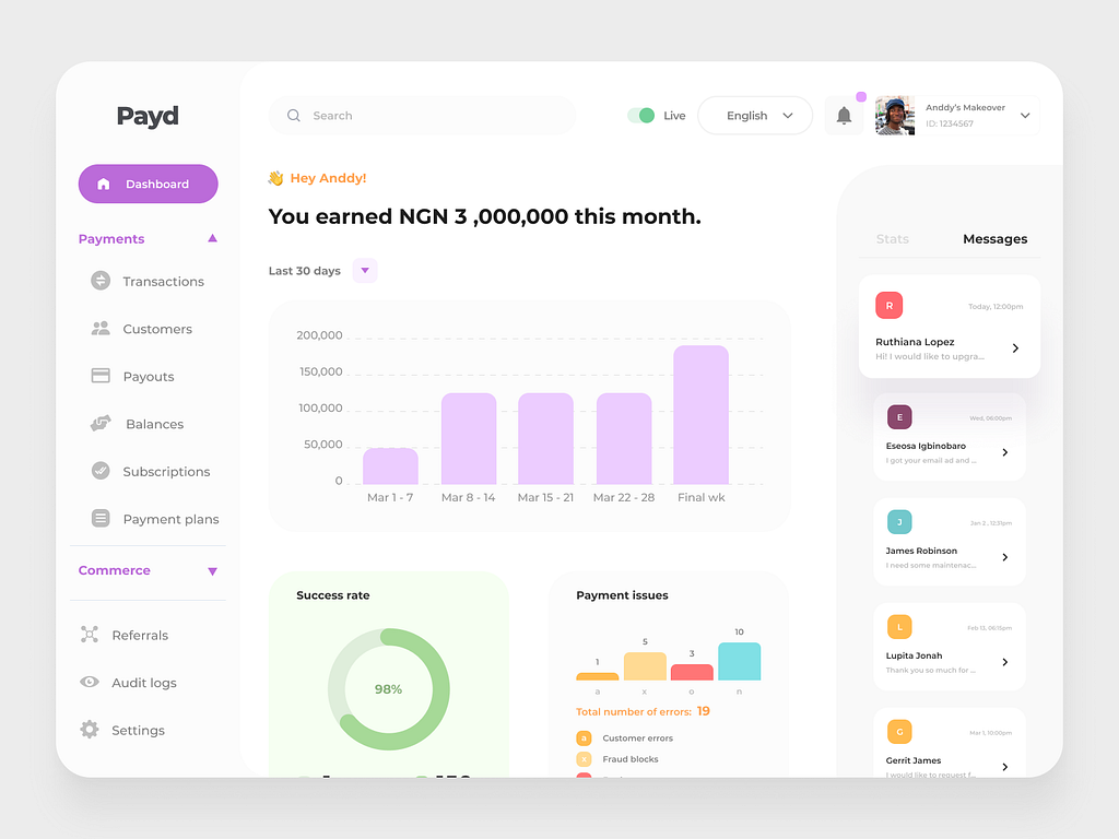 Fin-tech dashboard for Payd by Oserefemhen Ativie on Dribbble