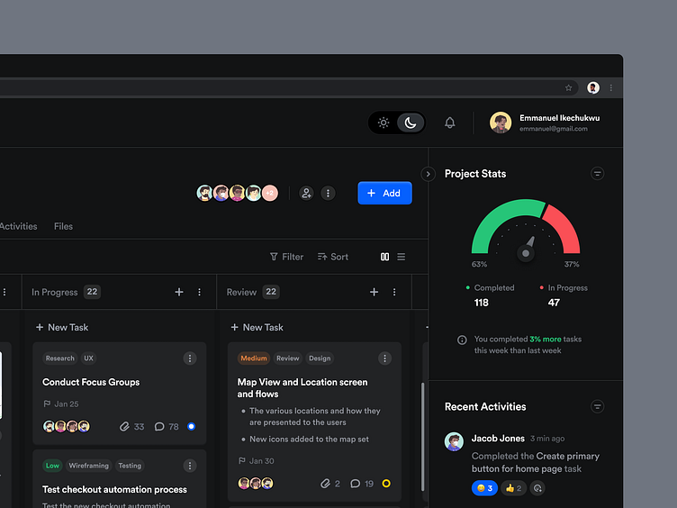 Project Management Dashboard [Dark Mode] by Emmanuel Ikechukwu for Piqo ...