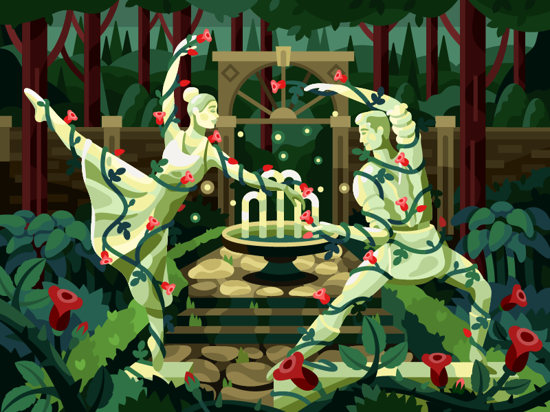 Static dance of statues in the garden by Andrii Bezvershenko on Dribbble