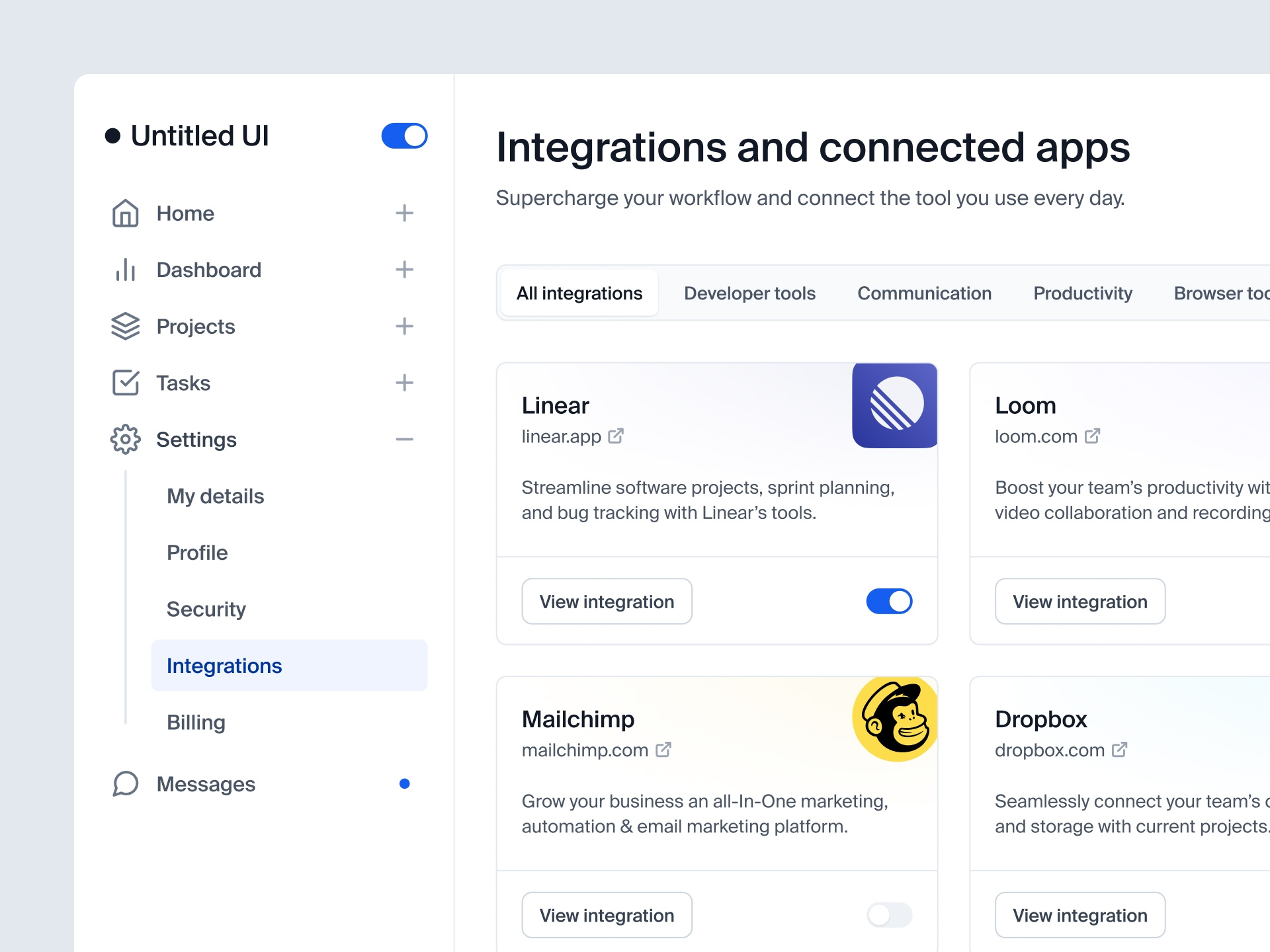 Integrations settings — Untitled UI by Jordan Hughes® on Dribbble
