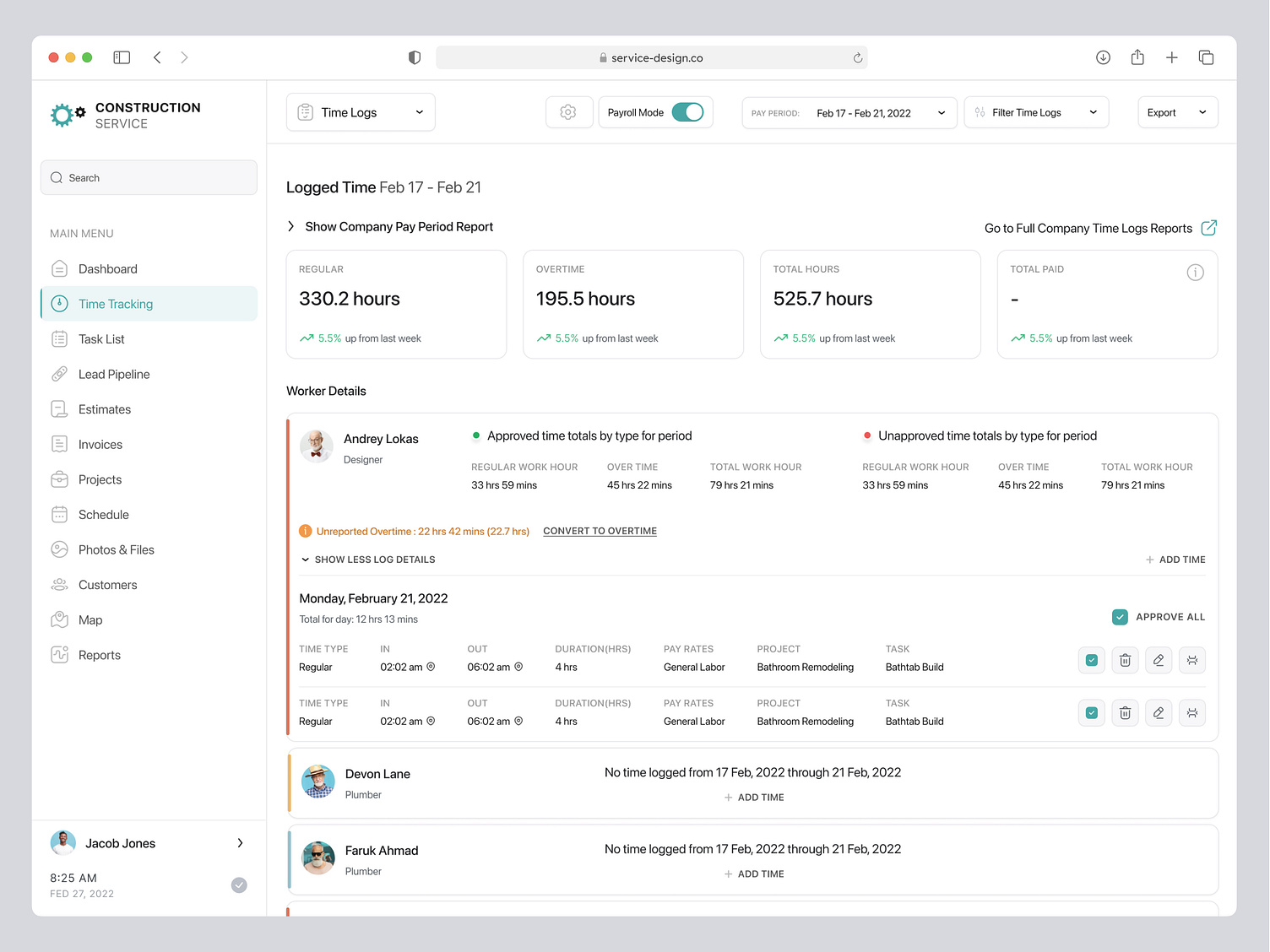 Time Logs - Construction Management (SaaS web app) by Masum Parvej for ...