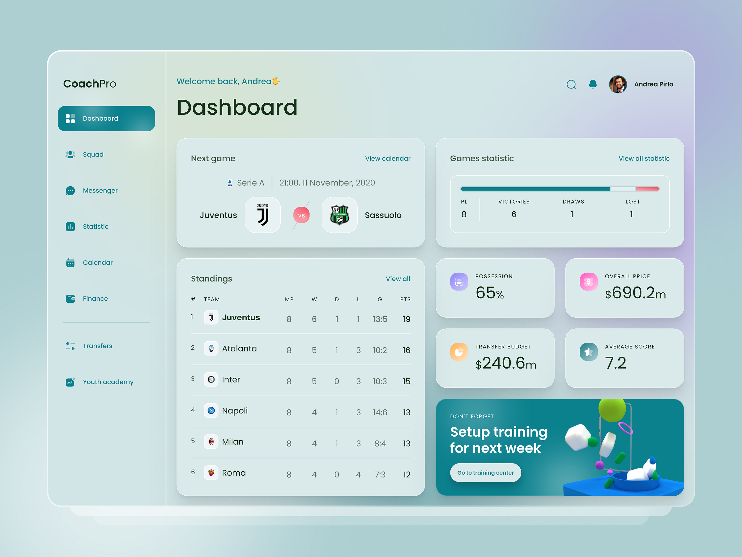 Football manager dashboard by Nazar Vasylyshyn for Qubstudio: Digital ...