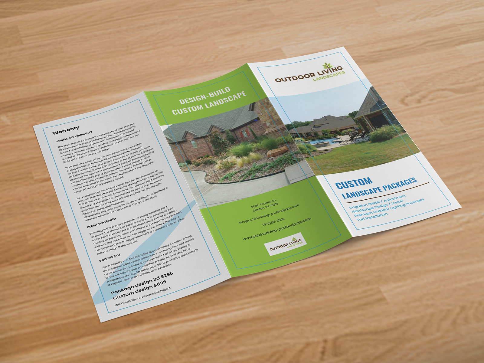 Trifold brochure design for OUTDOOR LIVING landscapes by El eStudio LLC ...