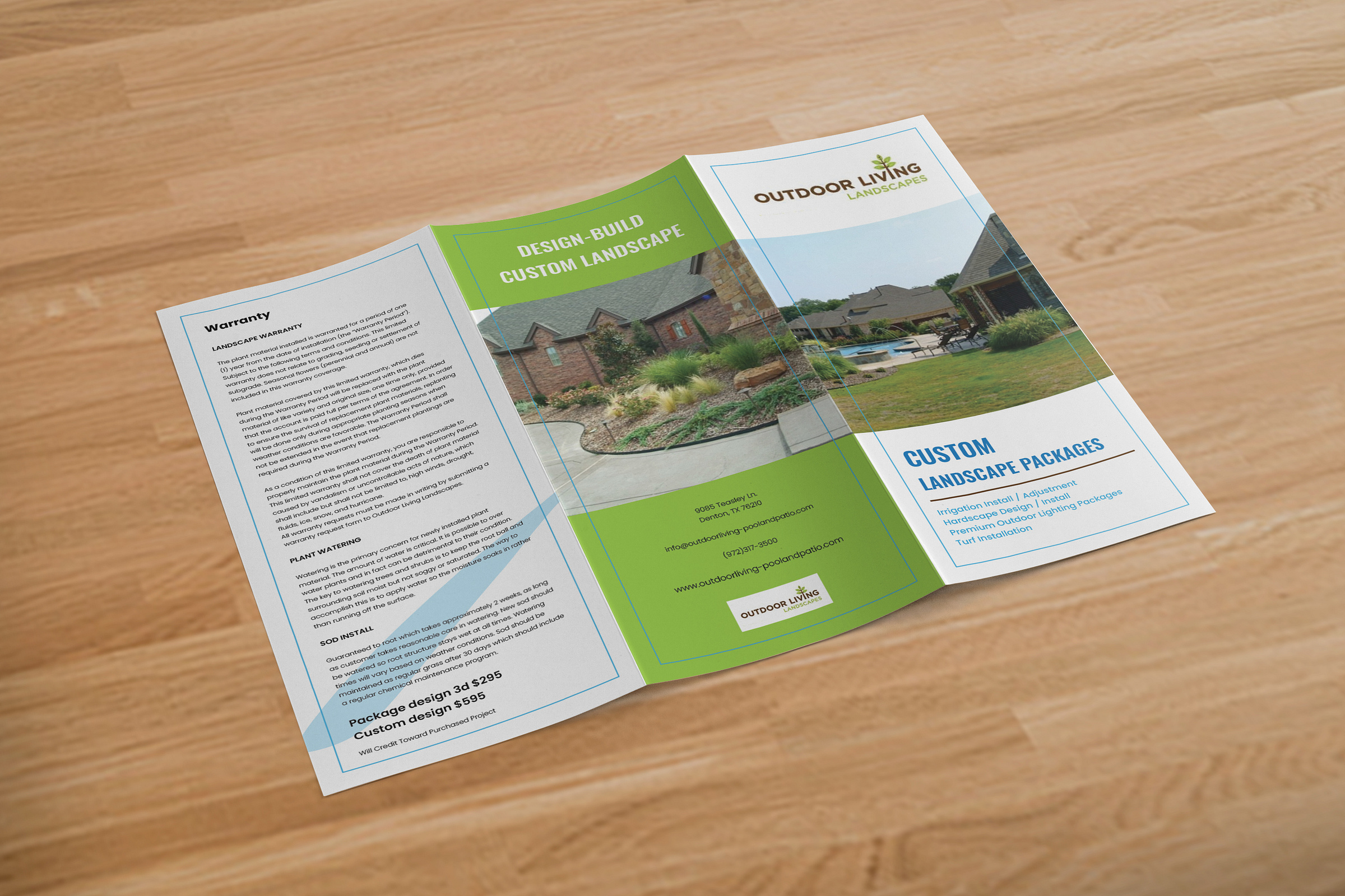 Trifold brochure design for OUTDOOR LIVING landscapes by El eStudio LLC ...