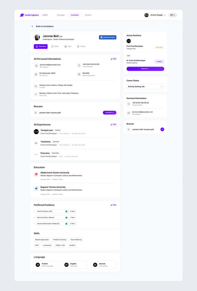 Coderspace: Candidate Profile Dashboard by Umutcan Eyriyer on Dribbble