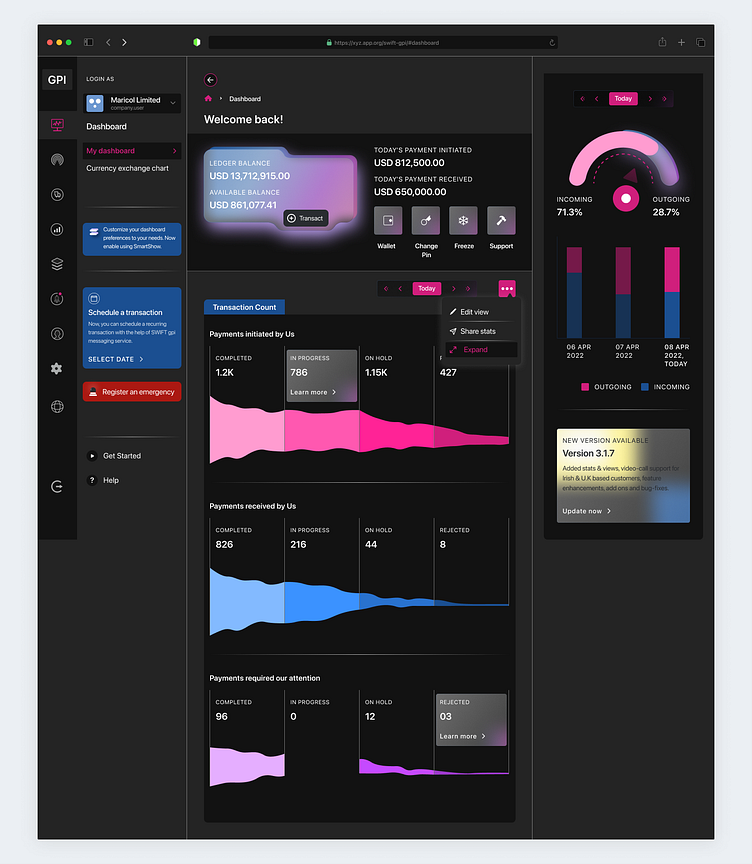 Swift GPI Dashboard & Tracking by Srivathson Thyagarajan on Dribbble