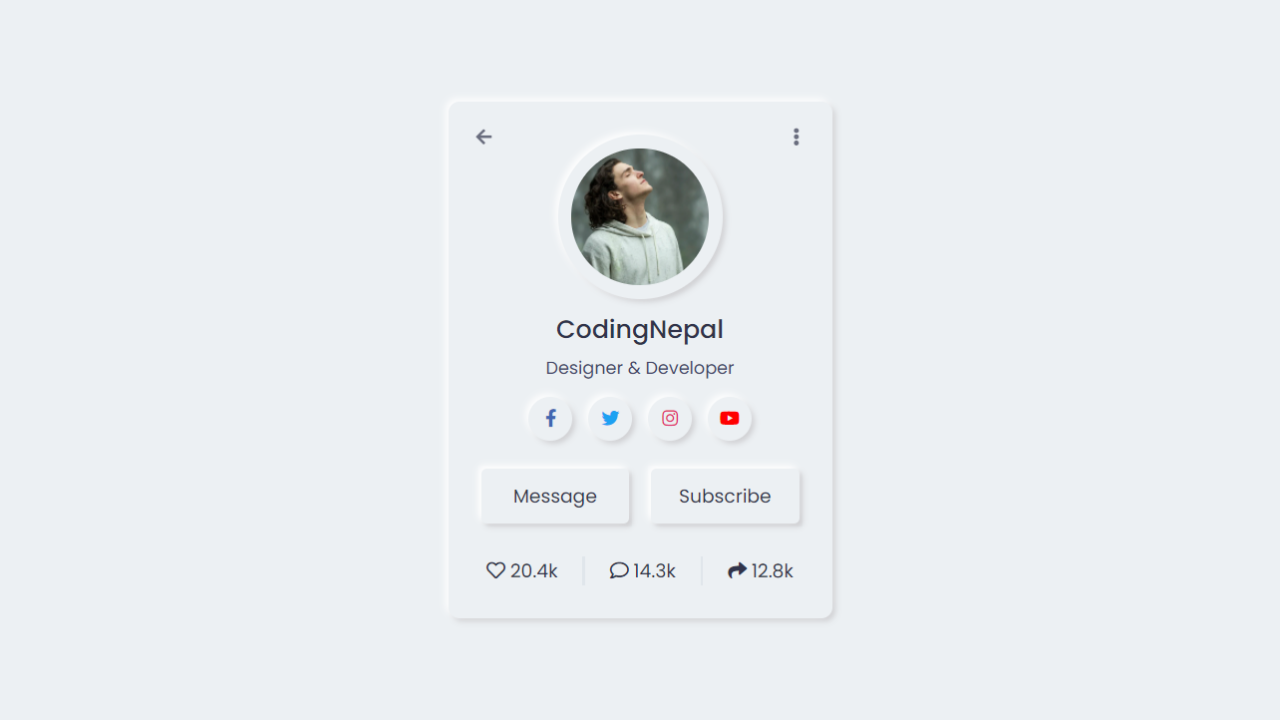 Neumorphism Profile Card Ui Design Using Only Html And Css By Codingnepal 8873